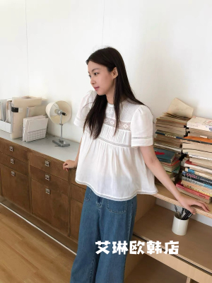 miluroom米鹿ouur9117夏装新款拼接蕾丝韩系莱赛尔亚麻短袖衬衫