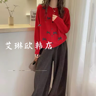 禁止机洗~286冬款欧货圆领甜美蝴蝶结针织全羊毛开衫上衣外套女