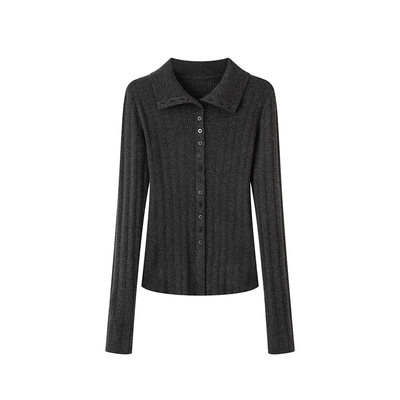 MM麦麦2025秋冬新款灰色绵羊毛高领针织开衫毛衣女上衣5GA134071