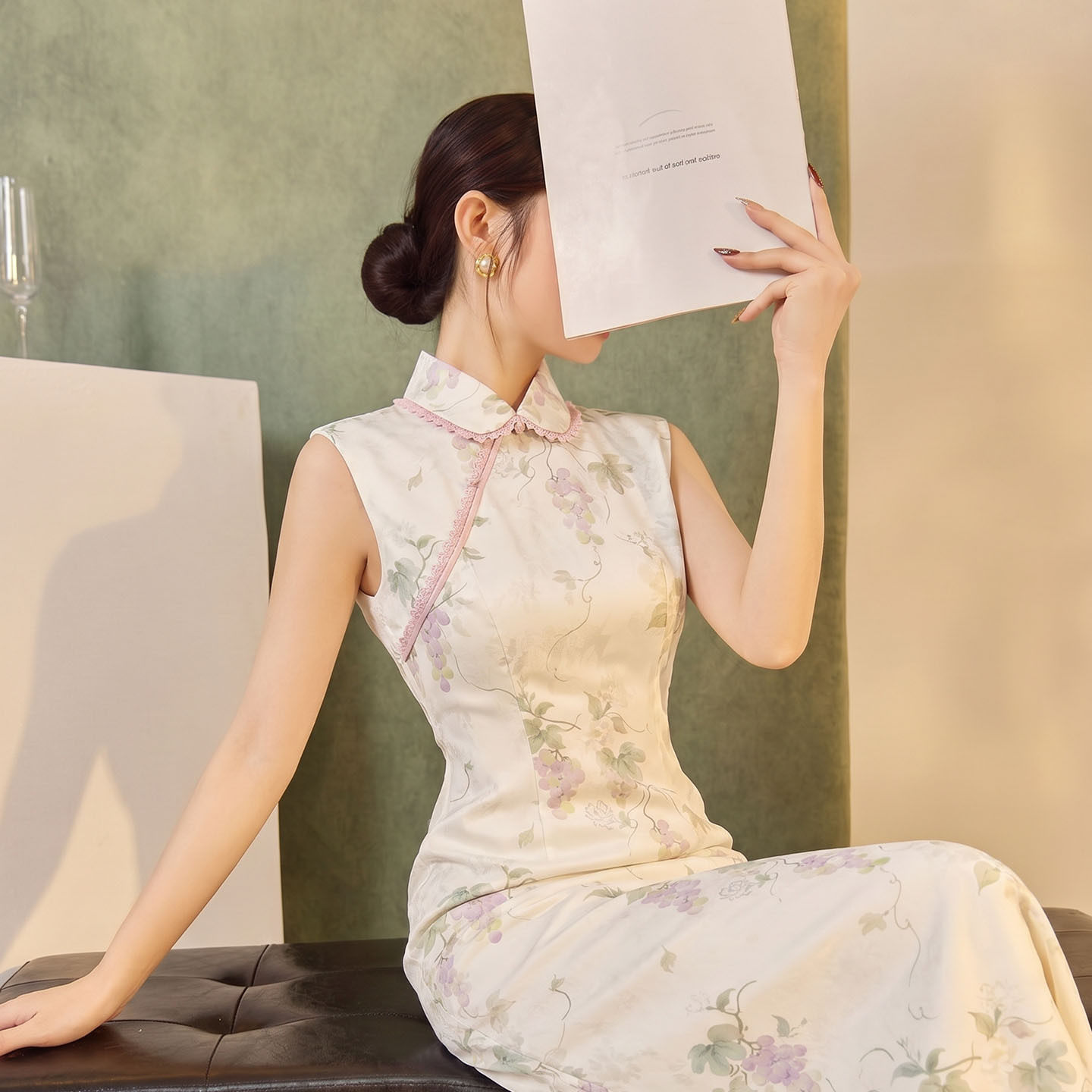 改良汉服中式葡萄印花无袖旗袍裙蕾丝花边立领修身开叉长款连衣裙