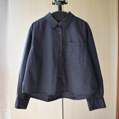 深蓝色前短后长宽松休闲短款衬衫