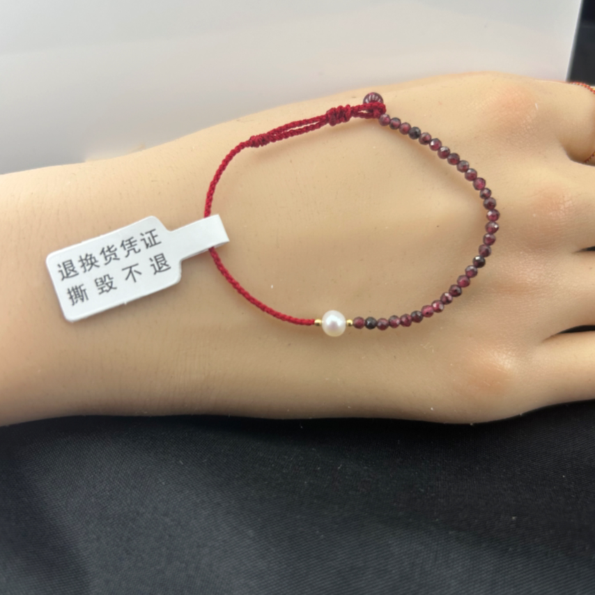 朱氏红绳-18K纯金珠极细手链脚链女可调节石榴石女款微调节