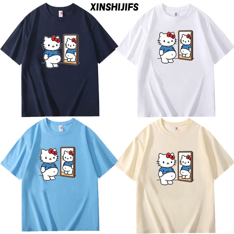 搞怪胖肚Kitty照镜子猫咪纯棉短袖男女学生百搭夏季上衣潮流体恤