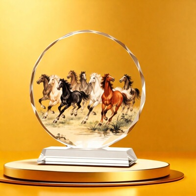 高档水晶玻璃摆件3D马到成功万马奔腾八马雄风家居摆件新款荷花鱼