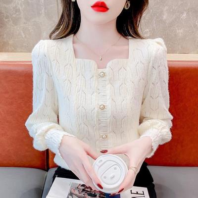 春秋韩版方领蕾丝长袖套头