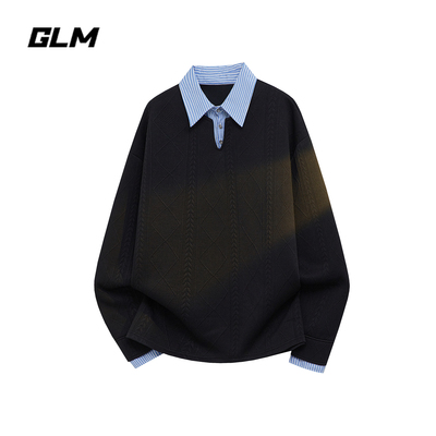 GLM学院风假两件衬衫领提花卫衣男秋季黑色宽松休闲潮流百搭上衣