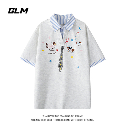 GLM假两件条纹拼接印花短袖T恤男夏季学院风宽松潮牌POLO衫上衣