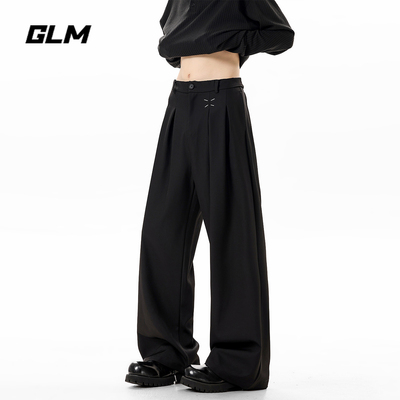 GLM美式潮牌黑色垂感阔腿休闲裤男春秋季高级感宽松直筒垂感西裤
