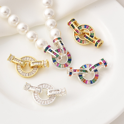 铜镀18K金镶彩锆珍珠扣子母扣