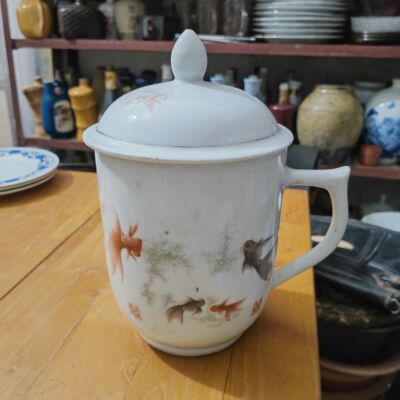 早期金鱼喜字老景德镇心想事成陶瓷茶杯带盖超大泡茶杯结婚老嫁妆