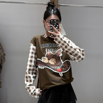 【现货】cheeriupi设计师新款25秋季松鼠牛仔帽拼接长袖T恤