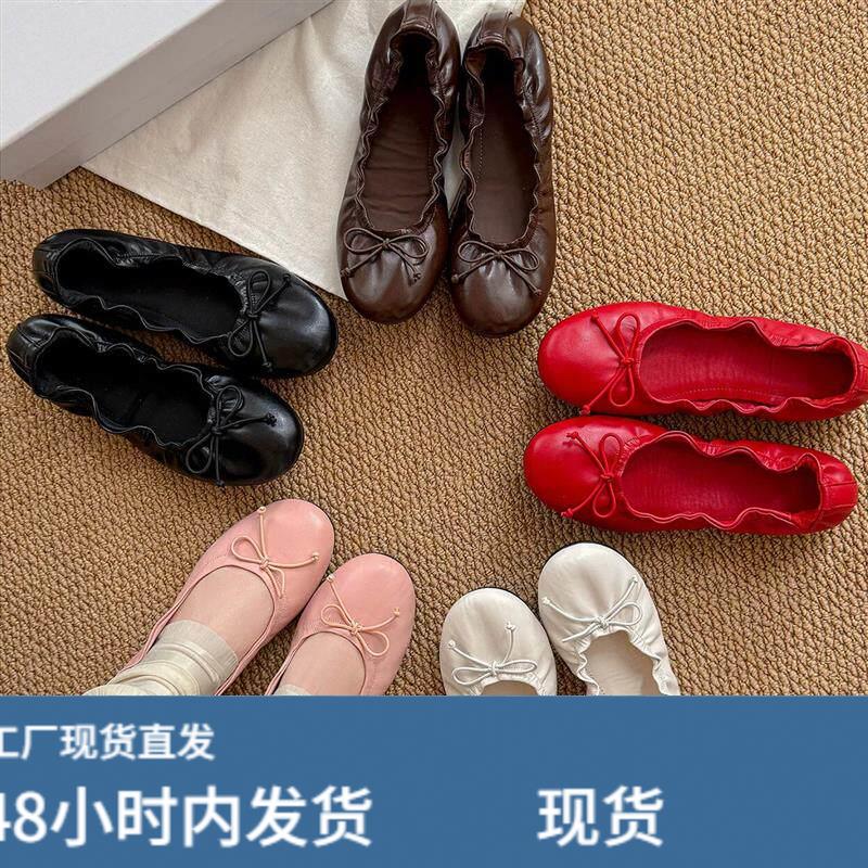 软羊皮春夏宅女同款摇摇鞋韩系蝴蝶结芭蕾舞鞋女圆头平底单鞋