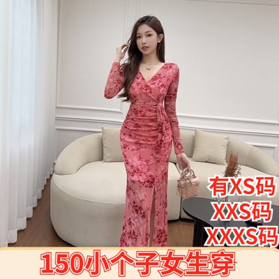 加小码XXXS号冬装女装150cm小个子V领碎花连衣裙女开叉长裙包臀裙