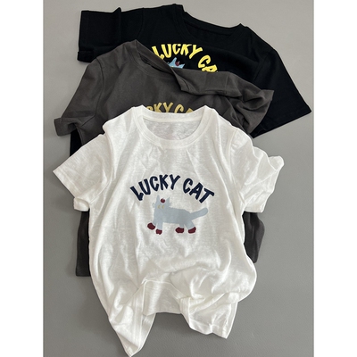 休闲风圆领宽松印花棉短袖T恤女