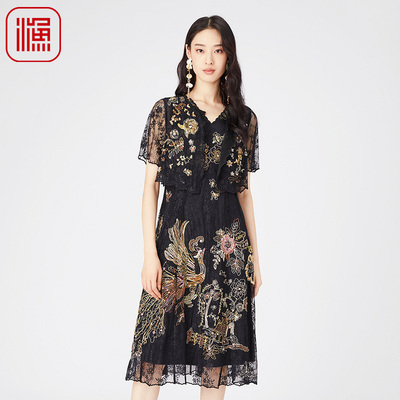渔牌女无袖连衣裙重工凤凰刺绣中长裙复古国风气质礼服裙FGGA0112