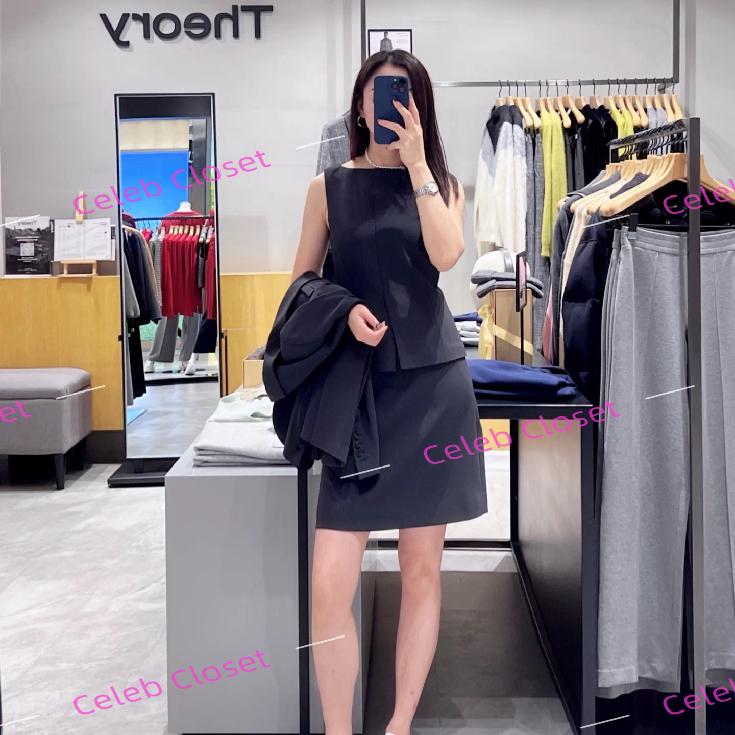 THEORY 三醋酯修身船领无袖假两件通勤女装连衣裙短裙Q0109626