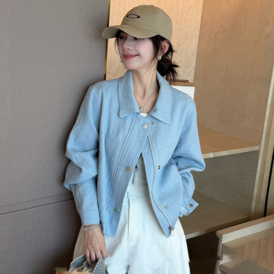 复古翻领天丝麻开衫外套女欧洲站