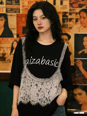 贵妃专属2026新款时尚气质蕾丝拼接假两件字母印花短袖T恤9236