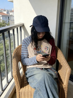 美式条纹拼接插肩袖长袖T恤女打麻将刺绣百搭打底T恤潮牌上衣欧货