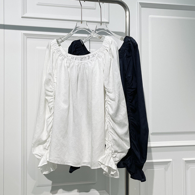 气质时尚百搭一字肩抽绳麻衬衫潮