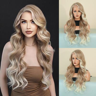 Synthetic Lace front Wig Side Part Long Wavy Ombre Brown Wig