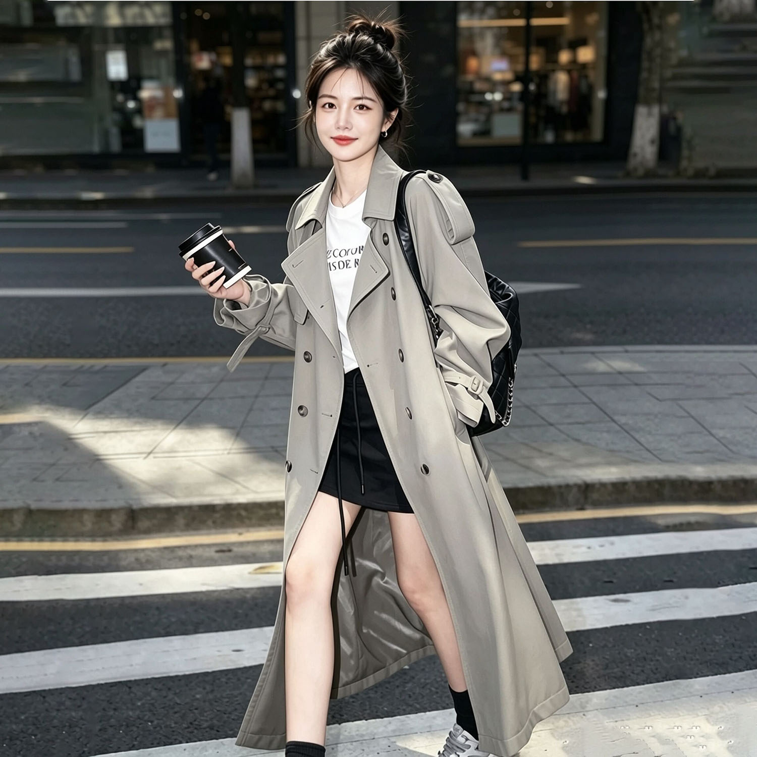 高定立裁斜纹经典廓形长款风衣外套女春秋开叉系带双排扣英伦大衣