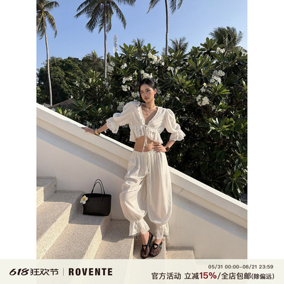 rovente白色蕾丝花边束腿裤女