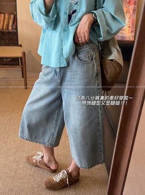 韩国stetament原厂！痞帅调调 复古做旧八分牛仔裤阔腿裤女
