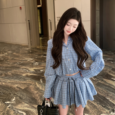 张林超LIN BOUTIQUE  初恋情人miu系色织格纹层次套装女衬衫+半裙