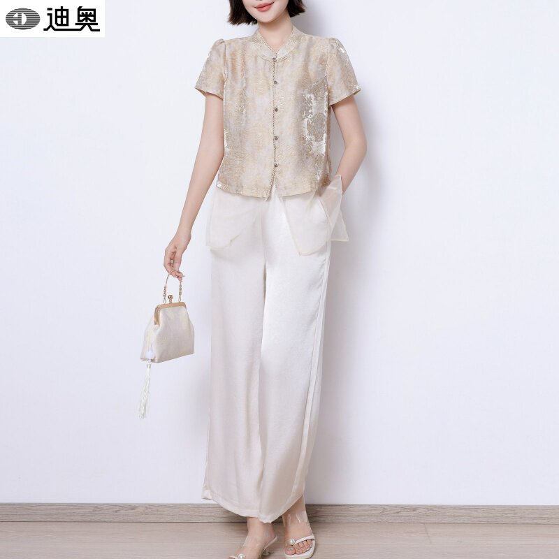 迪奥新中式套装女夏2026新款国风提花短袖+显瘦阔腿裤气质两件套