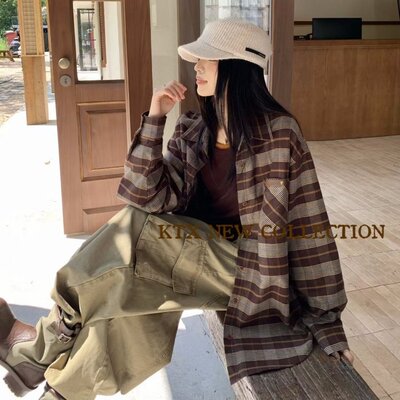KTX卡缇秀复古格纹衬衫+撞色背心两件套女韩系松弛感叠穿休闲套装