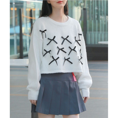 圆领套头蝴蝶结针织毛衣