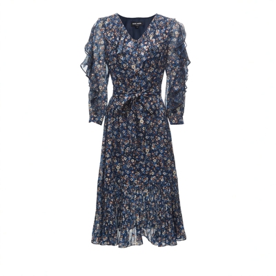 VM国内代购深蓝色碎花荷叶边七分袖收腰雪纺连衣裙女 32337C024