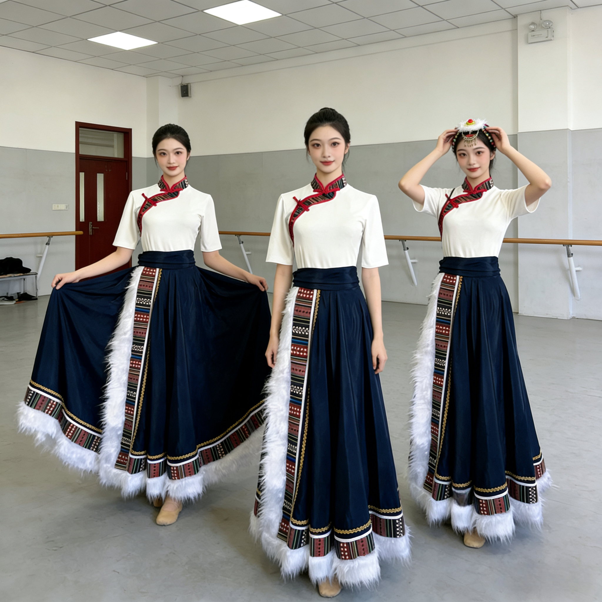 藏族舞蹈演出服装女艺考练习裙西藏少数民族风表演服大摆半身长裙