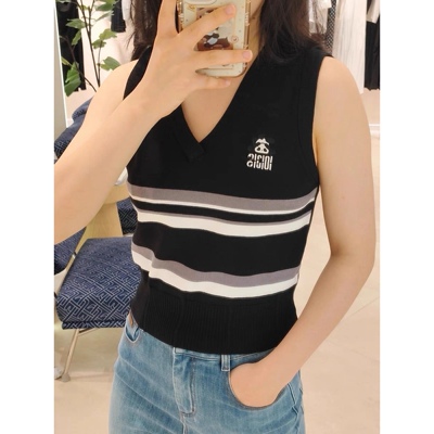 针织背心 夏季时尚女款套头圆领刺绣经典撞色条纹简约风 马甲0.21