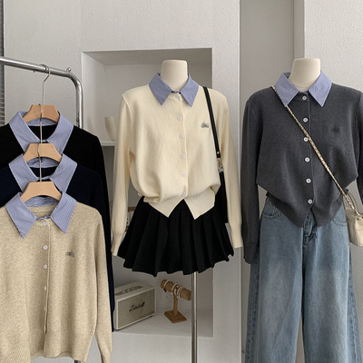 欧玛莱 假两件衬衫领针织开衫女秋季字母刺绣长袖毛衣外套潮 5046