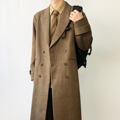 木村叔dk日系复古棕色双排扣西服呢子大衣男生学院风长款格子外套