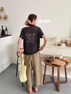 bluetree高品质简约打底衫女卡通印花圆领正肩短袖T恤2026夏新款
