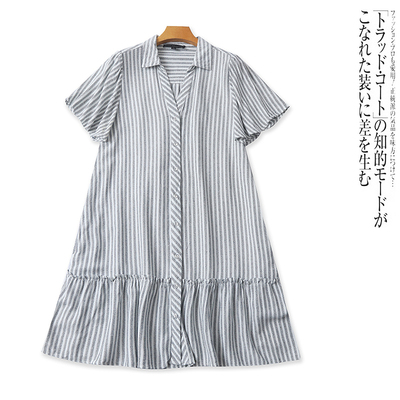 D7452外贸欧美女士短袖衬衫裙夏季新款翻领单排扣条纹宽松连衣裙