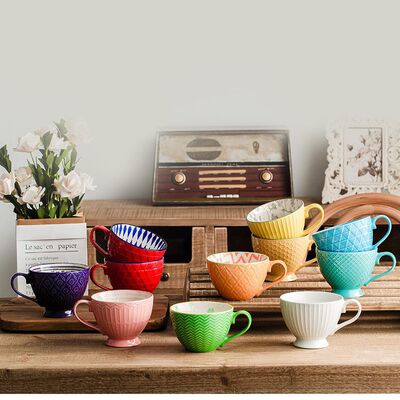 浮雕陶瓷早餐杯设计感小众咖啡杯大容量女生马克杯燕麦杯家用水杯