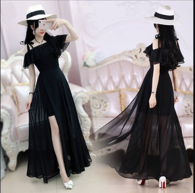 2穿秋季雪纺吊带裙蝴蝶结连衣裙女拍照长裙收腰显瘦紧身大摆裙仙