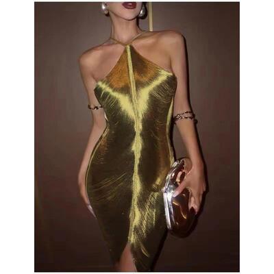 欧美时尚流苏挂脖露背连衣裙2024春夏Women sexy backless dress