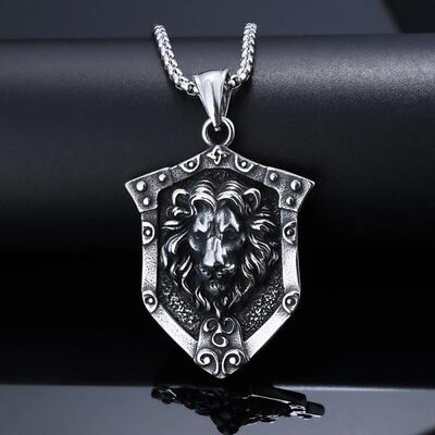 不锈钢狮子头盾牌吊坠男士嘻哈朋克风钛钢hiphop潮流兄弟项链配饰