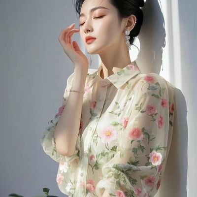 新款漂亮碎花洋气防晒衣女法式高级感超好看独特七分袖雪纺衬衫女