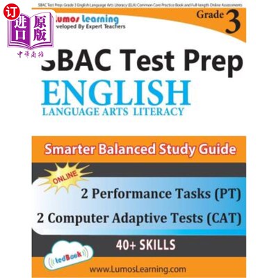 海外直订Sbac Test Prep: Grade 3 English Language Arts Literacy (Ela) Common Core Practic SBAC考试准备：3年级英语语