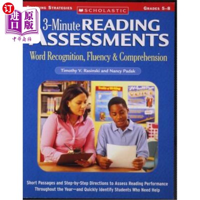海外直订3-Minute Reading Assessments Prehension: Word Recognition, Fluency, & Comprehens 3分钟阅读评估掌握：单词识
