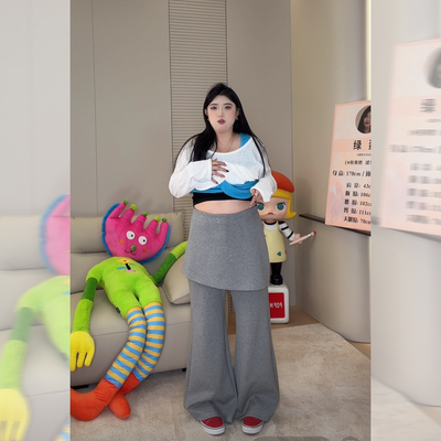 ◆两穿！细腿裤~◆高个子私服大码女装屁帘微喇裤套装休闲裤W1503