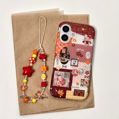 春日部防卫队Fighting｜日韩ins枫叶格纹波点拼接草莓蛋糕kitty适用苹果17/16promax手机壳iphone15/14/13