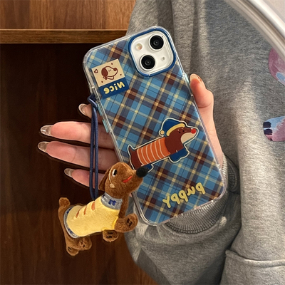 ins撞色格纹腊肠狗手机壳