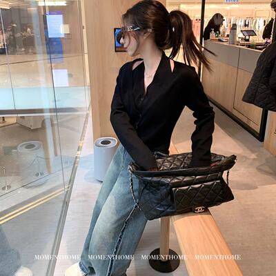 MOMETHOME 设计感挂脖清冷修身百搭假两件套长袖针织上衣